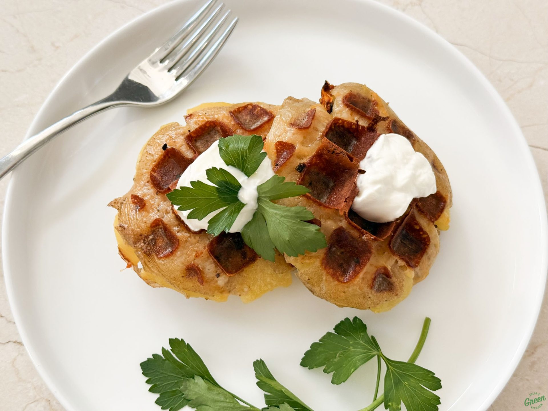 CRISPY CHEESY POTATO WAFFLES - Julia's Green Kitchen